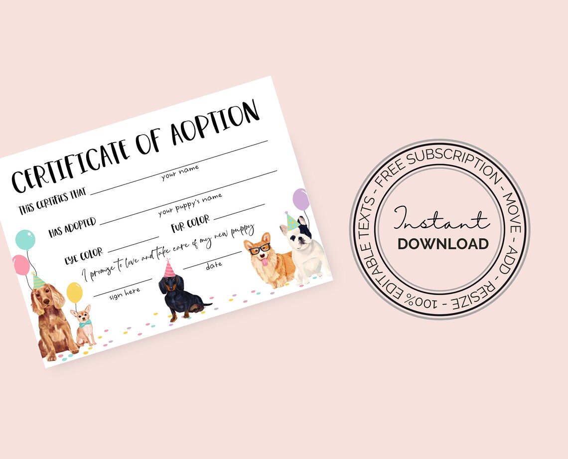 Editable Pet Adoption Certificate Puppy Birthday Adoption - Etsy