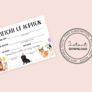 Editable Pet Adoption Certificate Puppy Birthday Adoption - Etsy