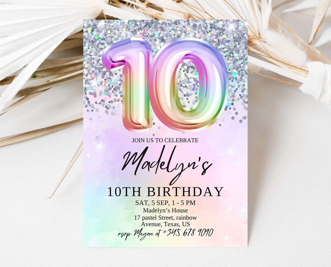 Editable Pastel Rainbow 10th Birthday Invitation Template, Birthday ...