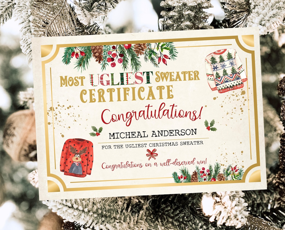 Editable Ugly Sweater Christmas Certificate, Ugly Sweater Contest ...