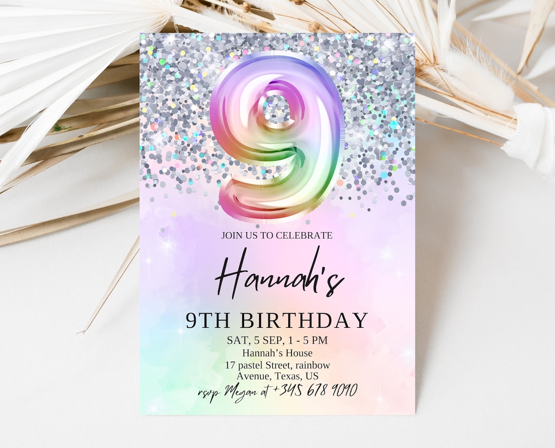 Editable Pastel Rainbow 9th Birthday Invitation Template, Birthday ...