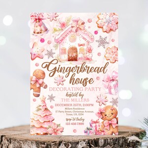Editable Christmas Gingerbread House Decorating Party Invitation Pink ...