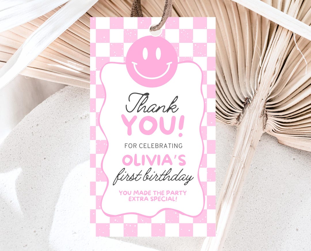 Pink Smiley Birthday Favor Tag: Retro Checkered Theme (editable Canva ...
