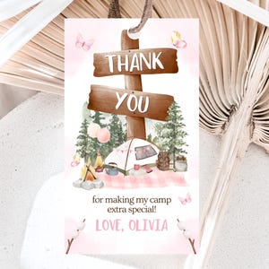 Editable Girl Camping Thank You Tag: Pink Camp Birthday (digital ...