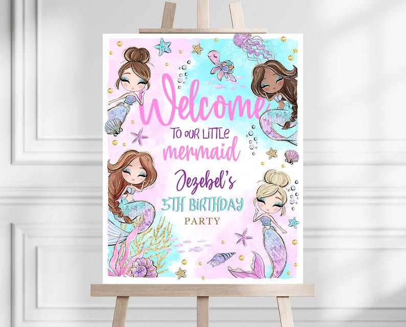 Editable Mermaid Birthday Welcome Sign, Glitter Mermaid Welcome Poster ...
