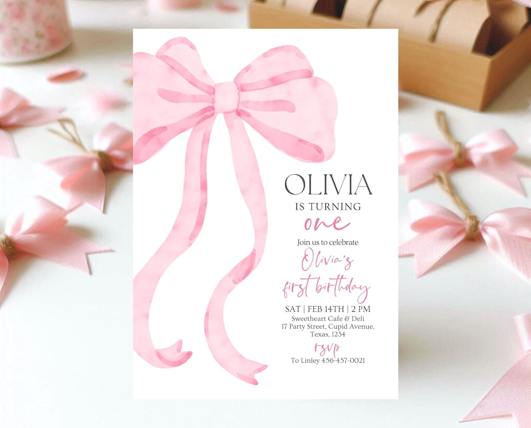 Editable Pink Bow Birthday Invitation, Girl First Birthday Printable ...