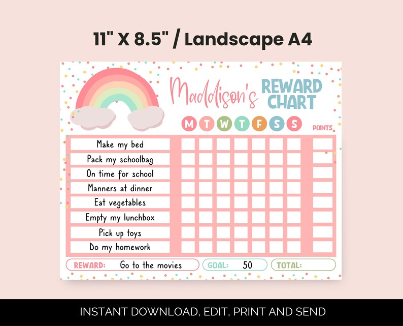 Editable Rainbow Reward Chart Kids Chore Reward Chart - Etsy