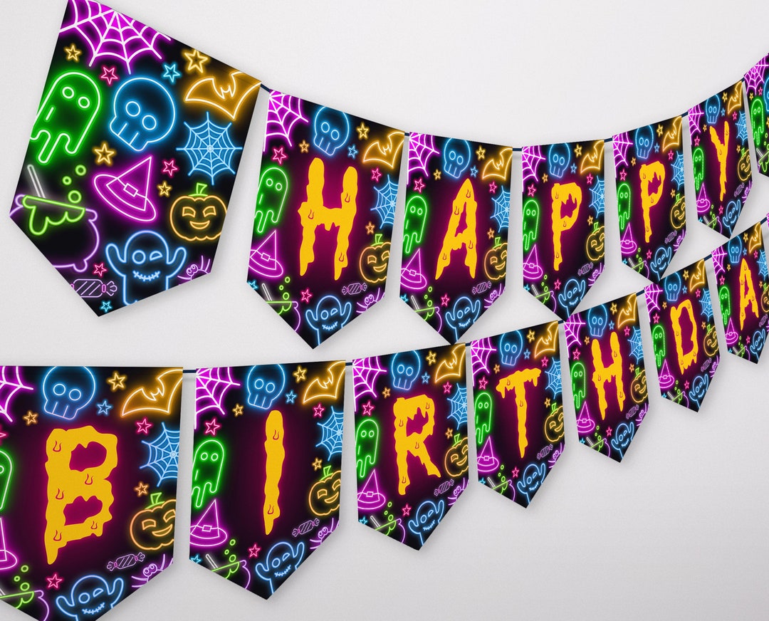 Neon Halloween Happy Birthday Banner, Printable Neon Halloween Banner ...