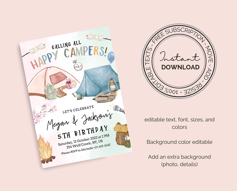 Editable Girl & Boy Camp Party Invitation Camp Out Birthday - Etsy Australia