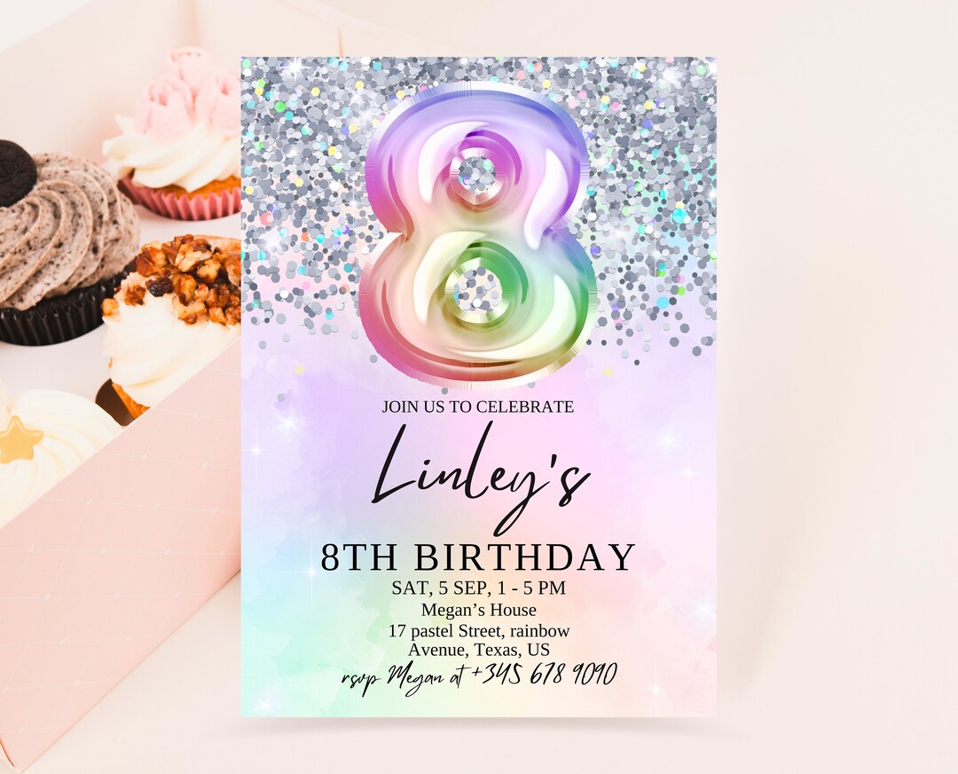 Editable Pastel Rainbow 8th Birthday Invitation Template, Birthday ...