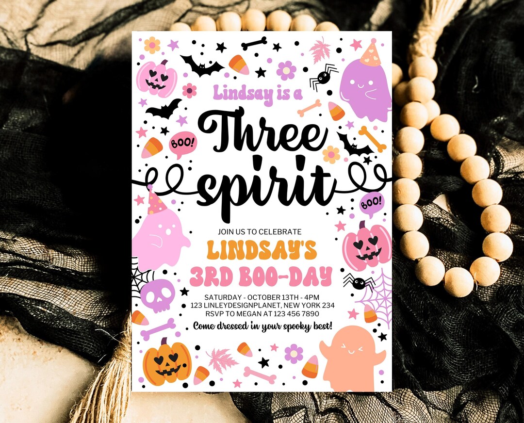 Editable Three Spirit Birthday Invitation, Halloween Third Birthday ...