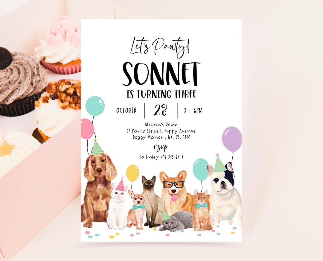 Editable Dog and Cat Birthday Party Invitation, Puppy Birthday ...