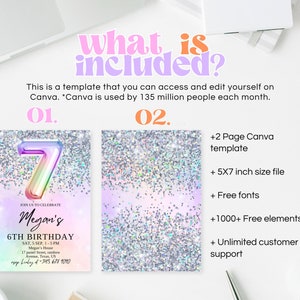 Editable Pastel Rainbow 7th Birthday Invitation Template, Birthday ...