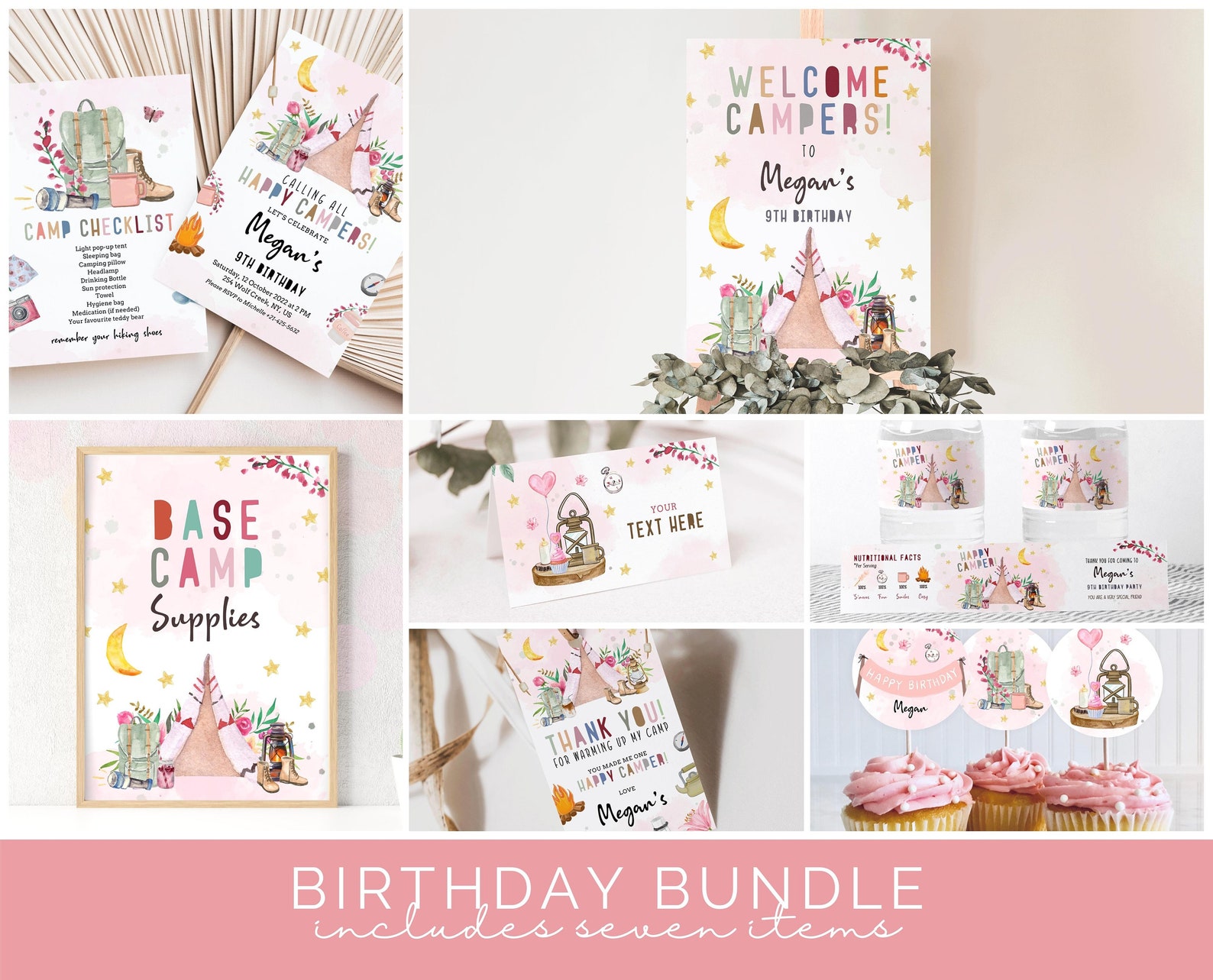 Editable Girl Camp Party Invitation Bundle Camp Out Birthday - Etsy