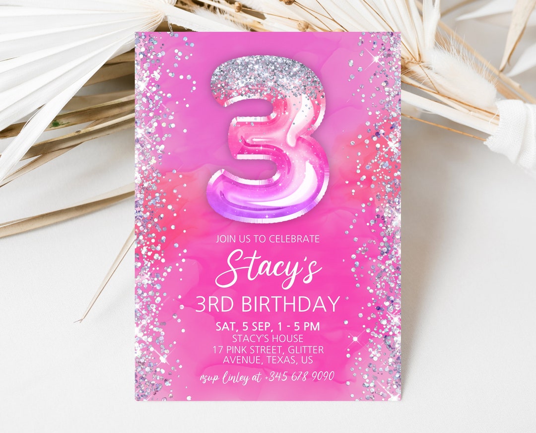 Editable Pink 3rd Birthday Invitation Template, Glitter Birthday Invite ...