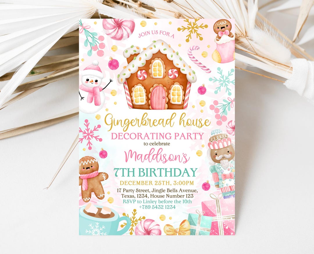 Editable Pink Gingerbread Birthday Invitation, Pink Christmas Birthday ...