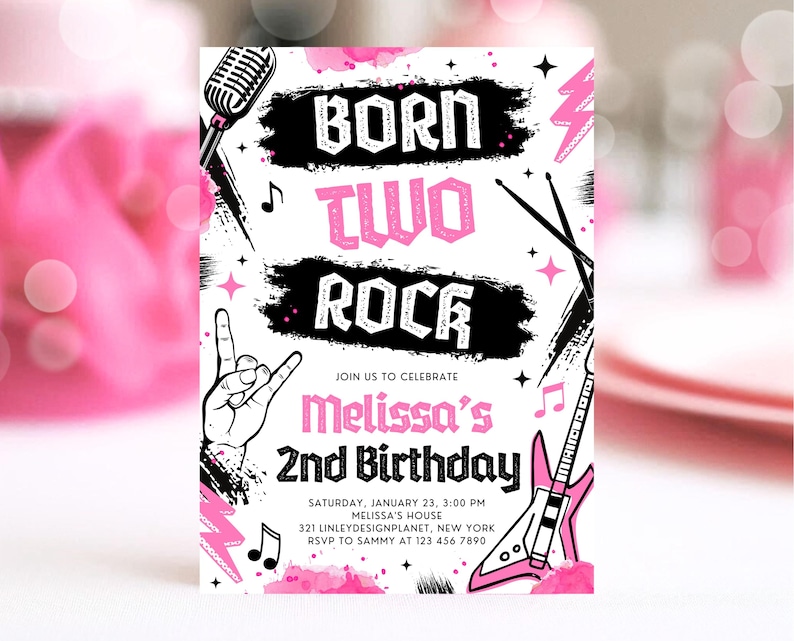 Editable Born Two Rock 2nd Birthday Party Invitation, Girl Rock and ...