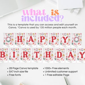 Editable Christmas Happy Birthday Banner Template, Red and Pink Happy ...