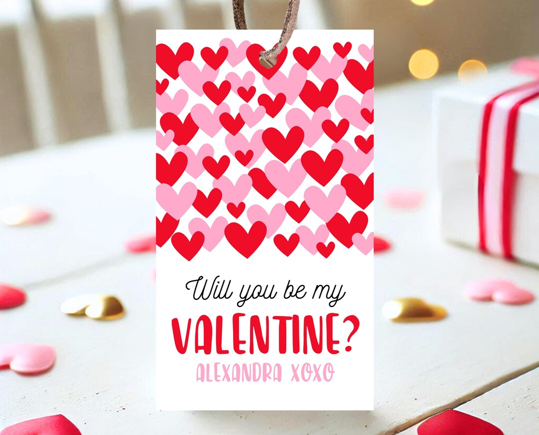 Editable Happy Valentine's Day Gift Tag, Pink Red Hearts Tag, Will You ...