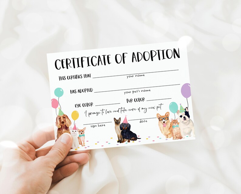 Editable Pet Adoption Certificate Puppy & Kitten Birthday - Etsy
