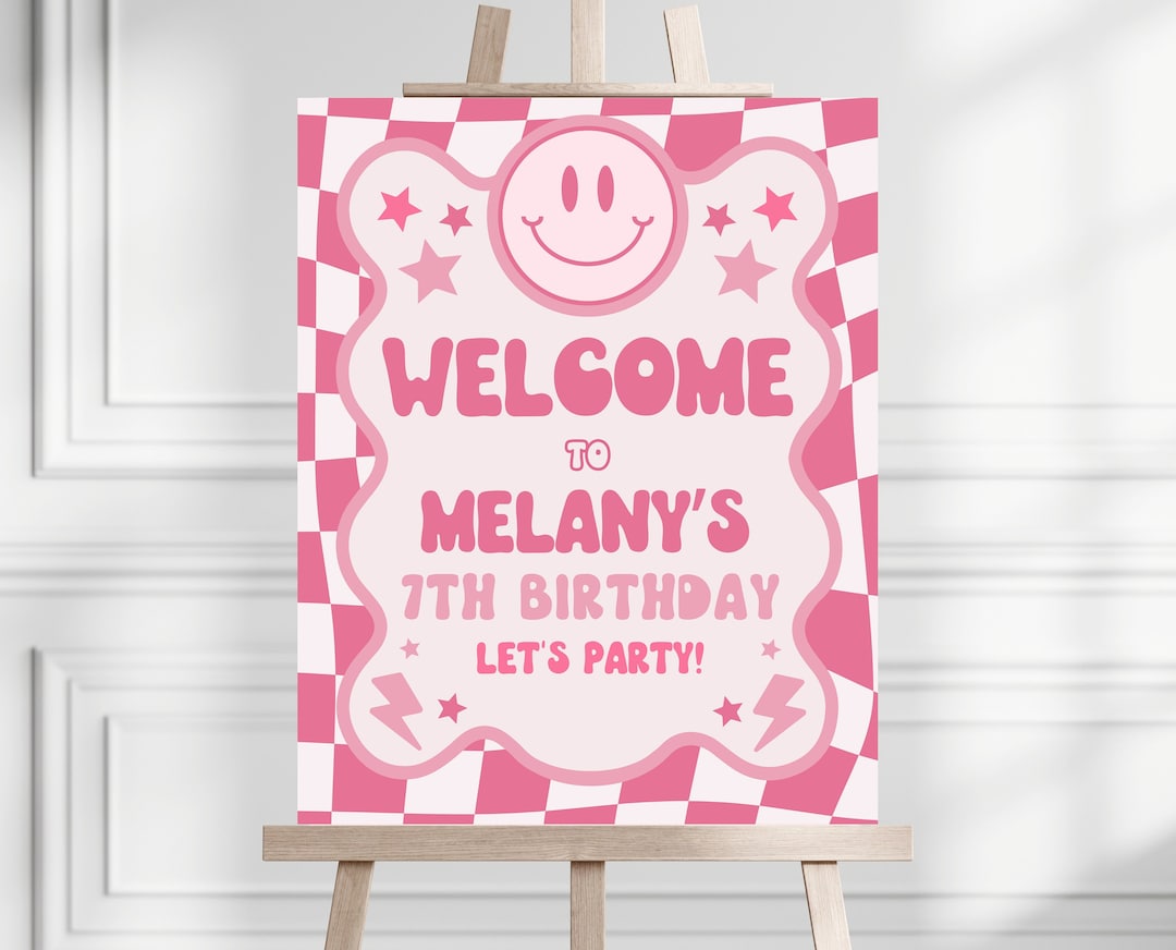 Editable Retro Smiley Birthday Welcome Sign, Preppy Smile Theme Sign ...