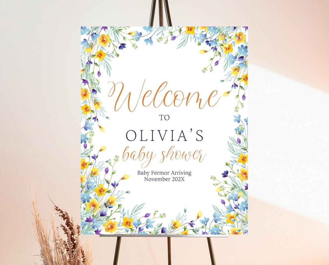 Editable Boy Blue Flowers Baby Shower Welcome Sign, Blue Spring Flowers ...