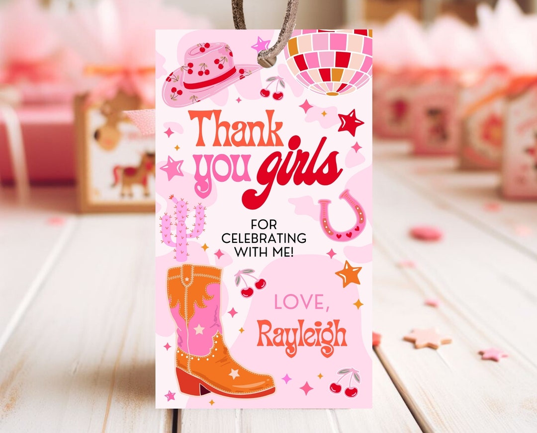 Editable Retro Cowgirl Birthday Favor Tag, Pink Disco Cowgirl Thank You ...