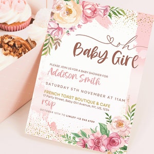 Editable Rose Themed Baby Shower Invitation, Pink Floral Baby Shower ...