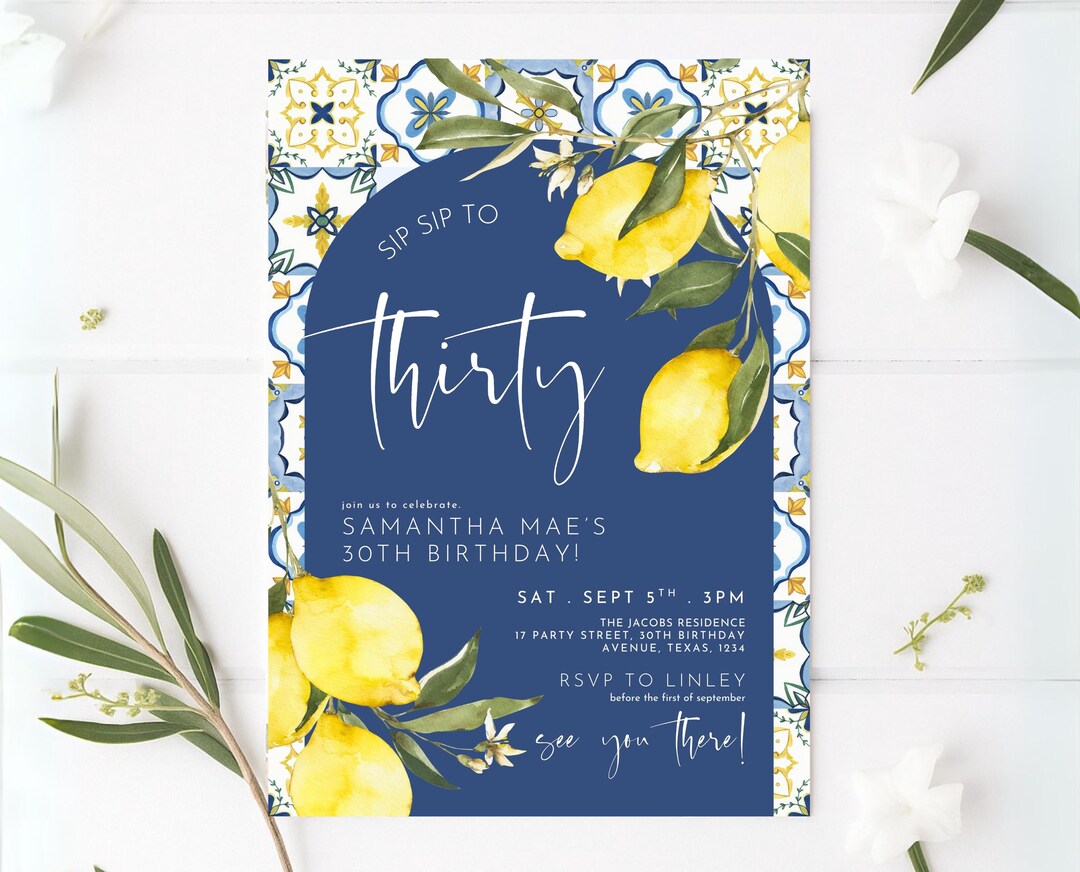 Mediterranean Lemon Birthday Invitation: Blue Tile Italy Theme ...