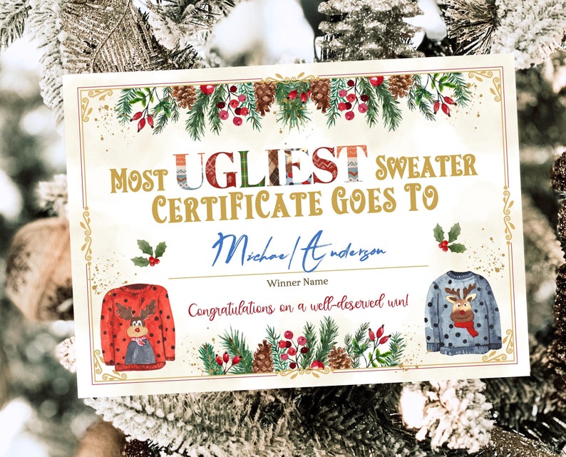 Editable Ugly Sweater Christmas Certificate, Ugly Sweater Contest ...