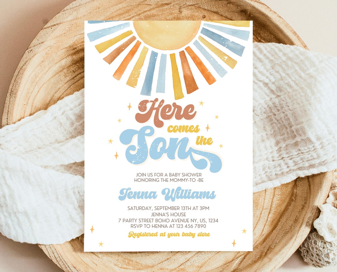 Editable Sunshine Baby Shower Invitation, Here Comes the Son Baby ...