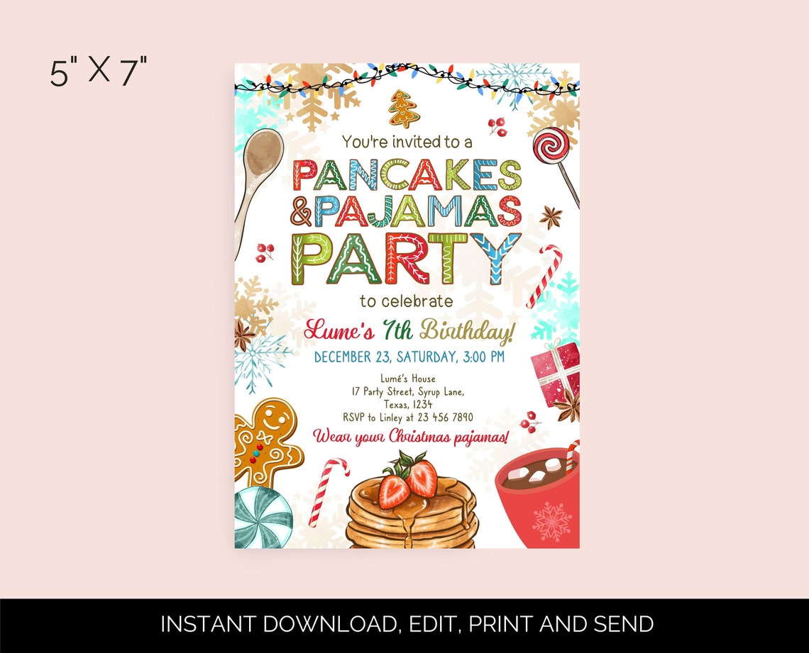 Editable Pancakes & Pajamas Party Christmas Birthday - Etsy