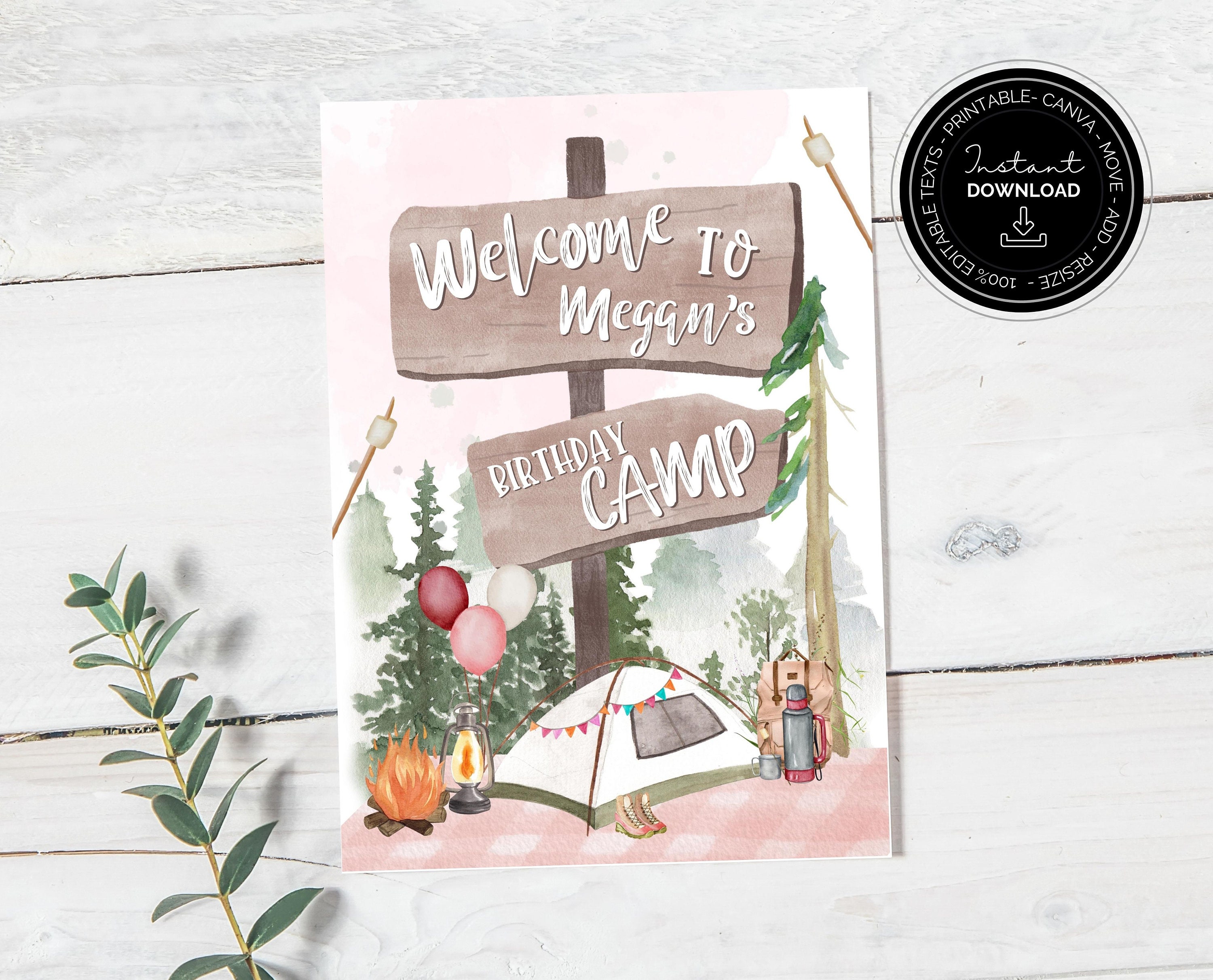 Editable Girl Camp Party Welcome Sign Camp Out Birthday Invite - Etsy