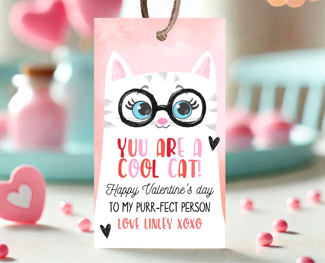 Editable Valentine's Day Gift Tag, Cool Cat Valentine's Gift Tag, Happy ...
