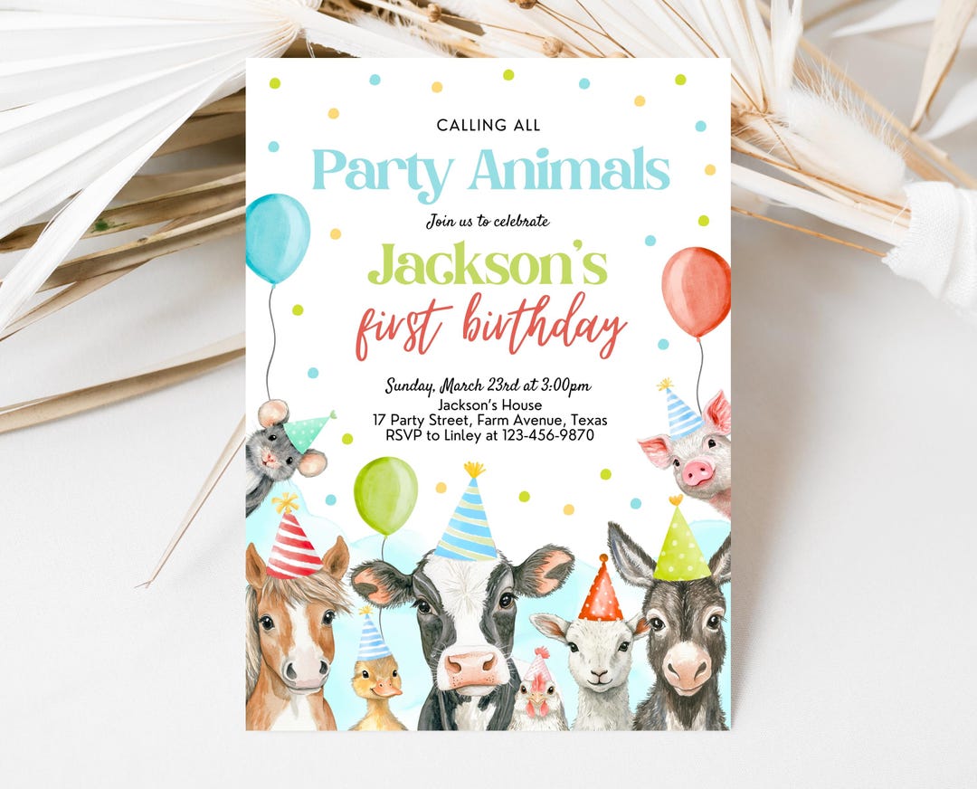 Farm Animals Birthday Invitation: Blue Party Animals Invite (editable ...