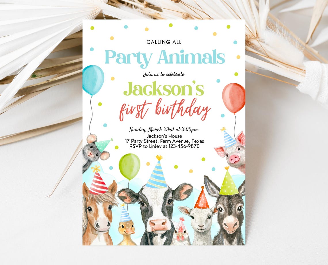 Farm Animals Birthday Invitation: Blue Party Animals Invite (editable ...