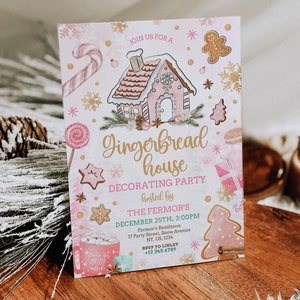 Editable Christmas Gingerbread House Decorating Party Invitation Pink ...