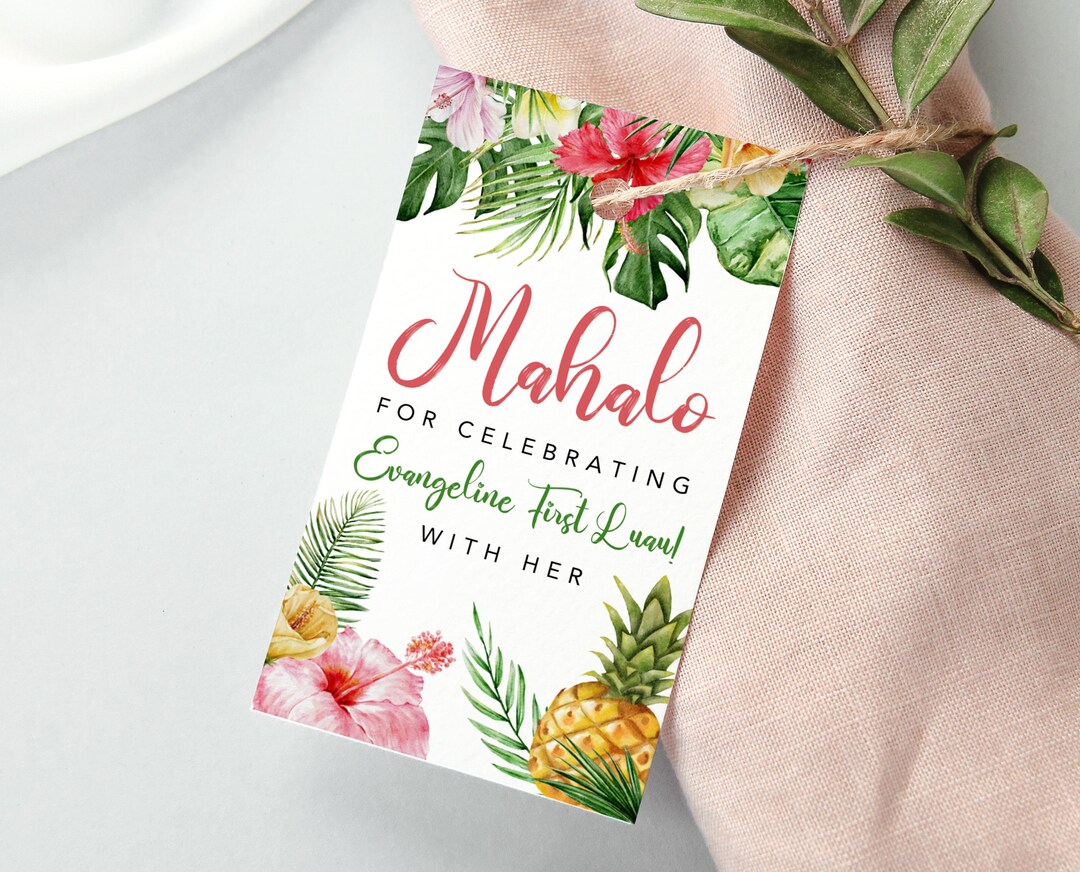 Editable Hawaiian Mahalo Birthday Favor Tag, Tropical Hawaiian Pool ...