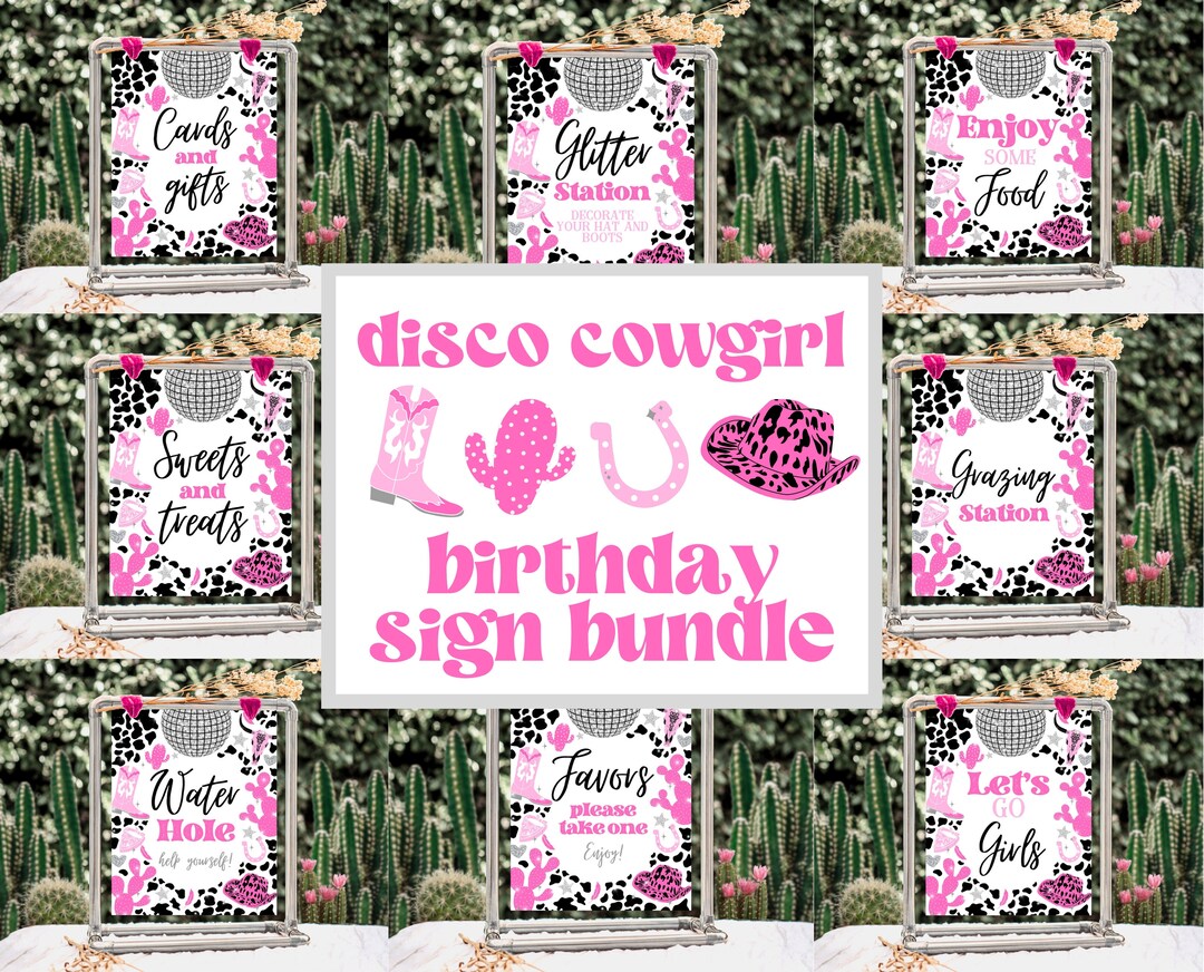 Editable Disco Cowgirl Birthday Sign Bundle, Pink Disco Cowgirl ...