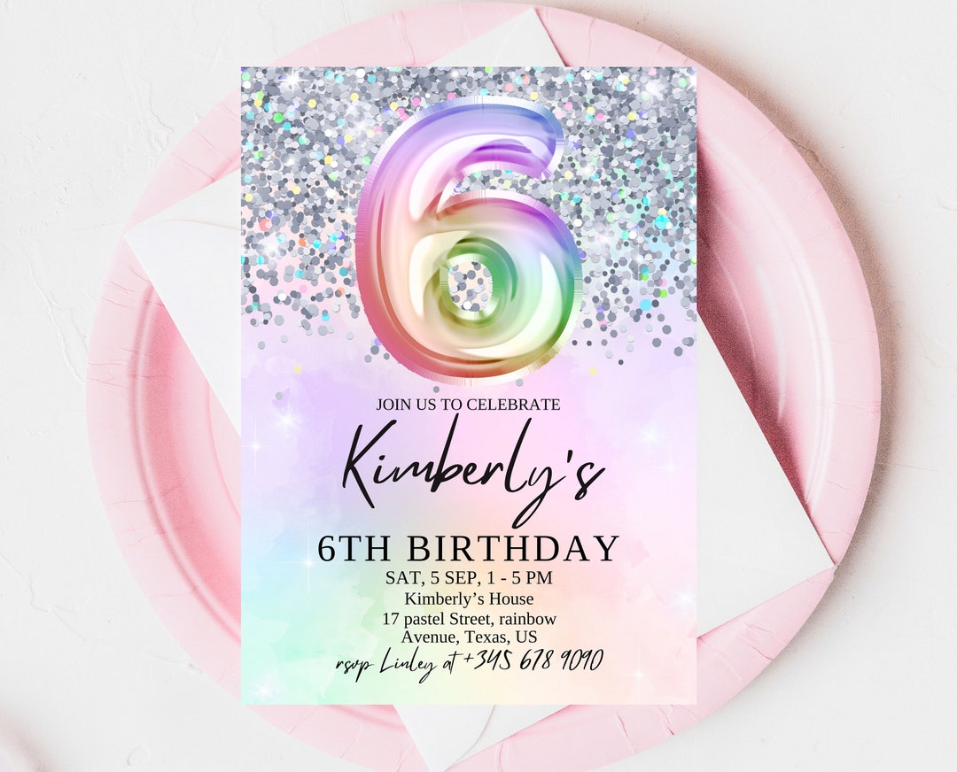 Pastel Rainbow 6th Birthday Invitation: Glitter Balloon (instant ...
