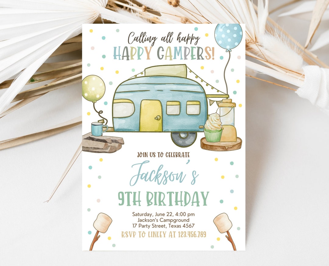 Editable Boy Camp Birthday Invitation, Boy Blue Camping Party, Green ...