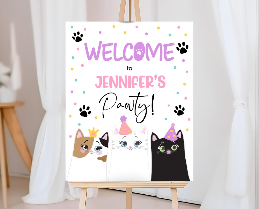 Cat Birthday Welcome Sign Editable, Kitty Cat Party Welcome Poster ...