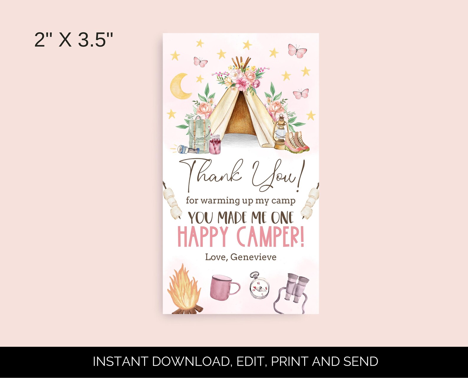 Editable Camp Party Favor Tag, Camp Out Birthday Thank You Card ...