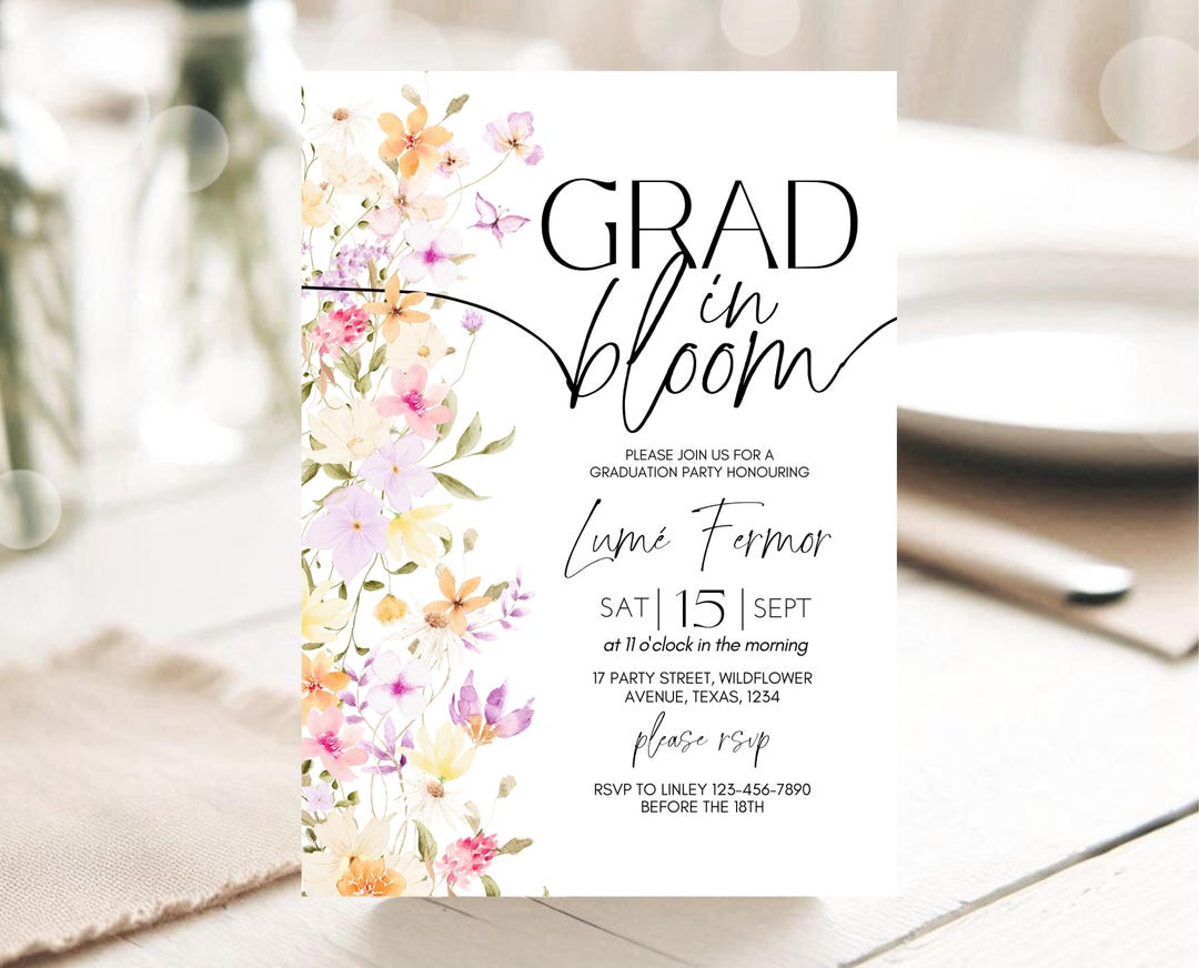 Editable Grad in Bloom Invitation, Wildflowers Graduation Invite ...