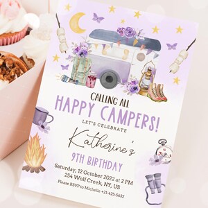 Editable Girl Camp Party Invitation, Camp Out Birthday Party, Sleepover Girl Camping Party ...