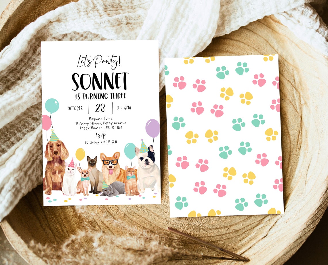 Editable Dog and Cat Birthday Party Invitation, Puppy Birthday ...