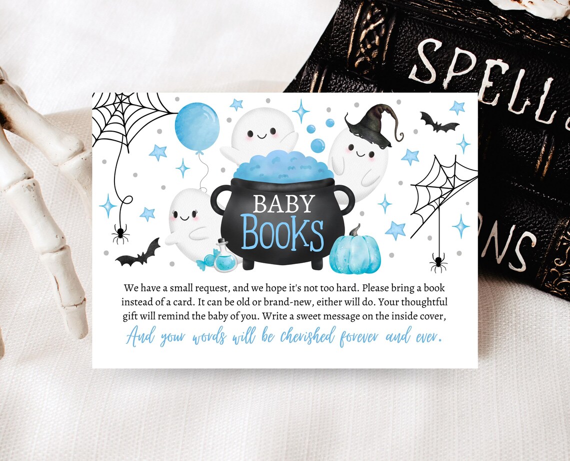 Editable Blue Halloween Baby Book Insert Card, Blue Witch Baby Shower ...