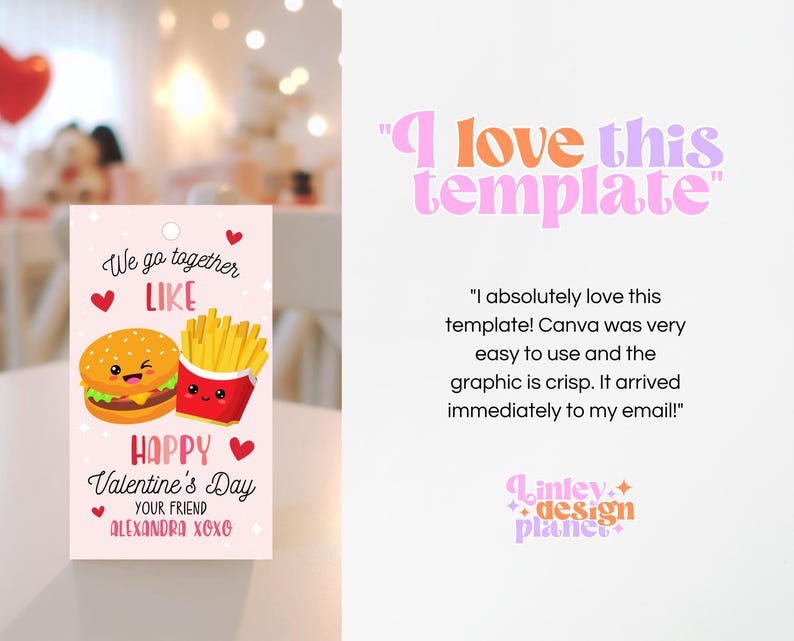 Editable Valentine Gift Tag, Burger and Fries Valentine Gift Tags ...