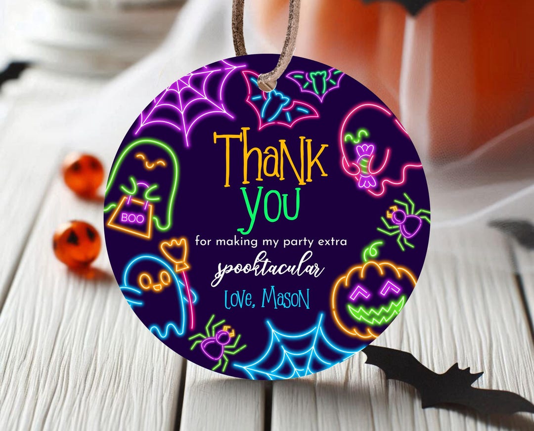 Editable Neon Halloween Favor Tag Template, Spooky Halloween Party ...