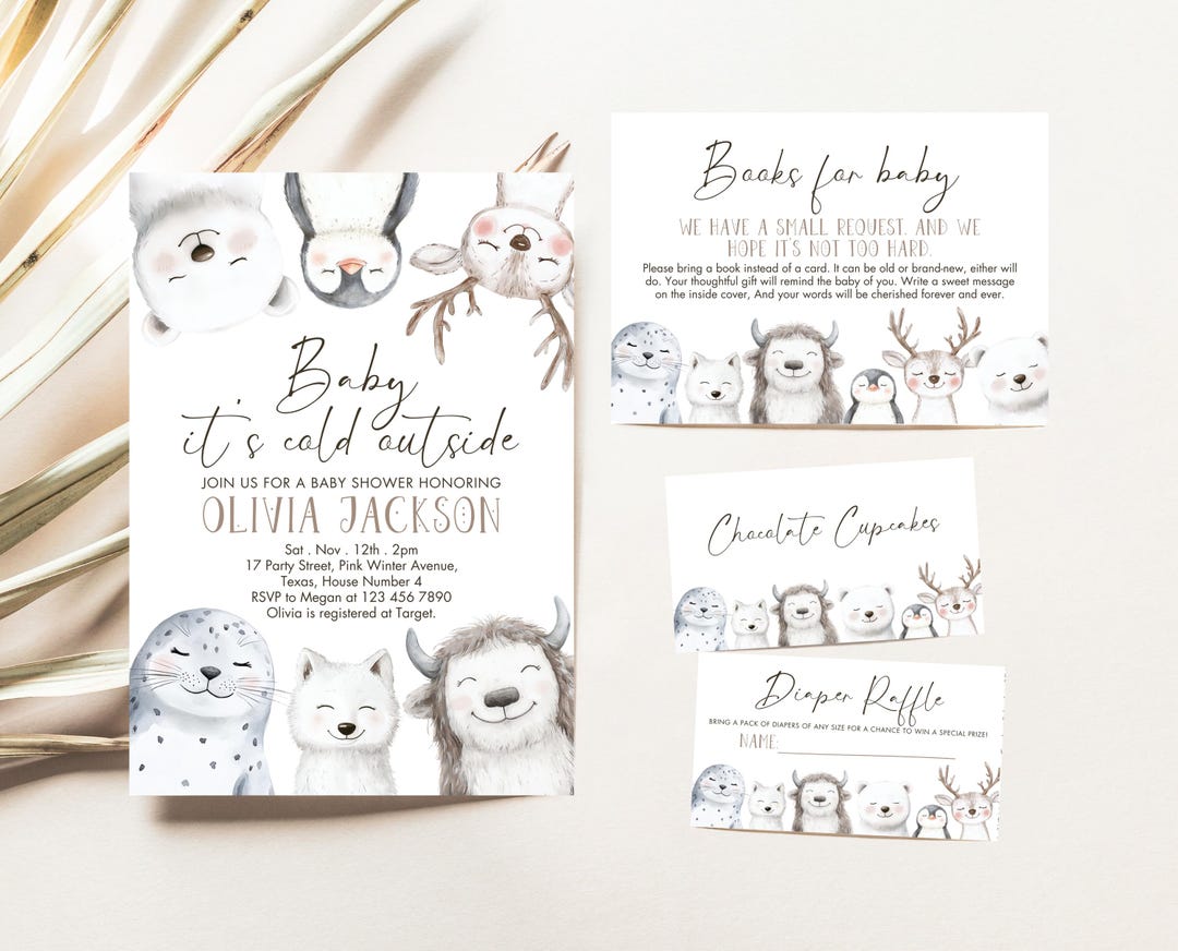 Editable Winter Arctic Animals Baby Shower Invitation Bundle, Winter ...